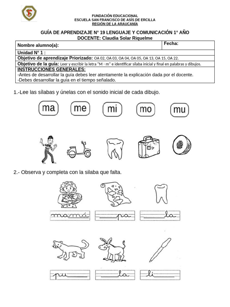 Clase 19 Letra M Sílaba Inicial | PDF