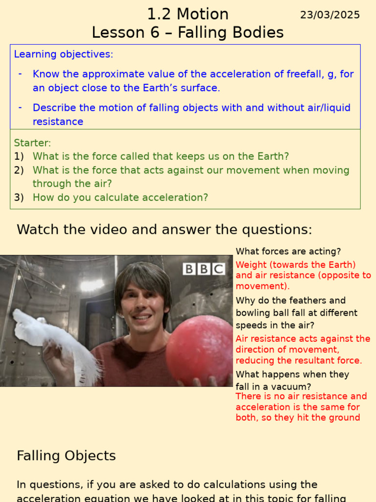 Year 10 Motion Lesson 6 - Falling Bodies | PDF | Force | Drag (Physics)