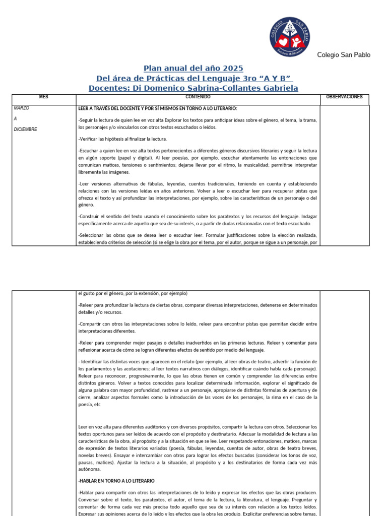 PLAN ANUAL Prácticas Del Lenguaje 3ro 2025 | PDF | Palabra | Género gramatical