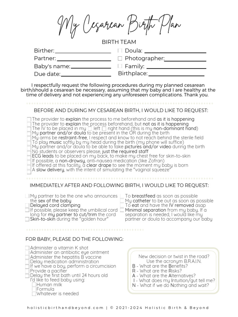 Cesarean Birth Plan Worksheet | PDF | Caesarean Section | Childbirth