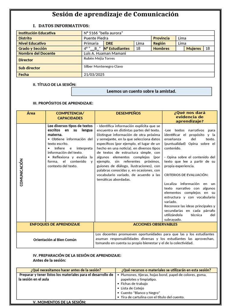 Sesión 2 de Aprendizaje de Comunicación - Lectura de La Amistad 21-03 ...