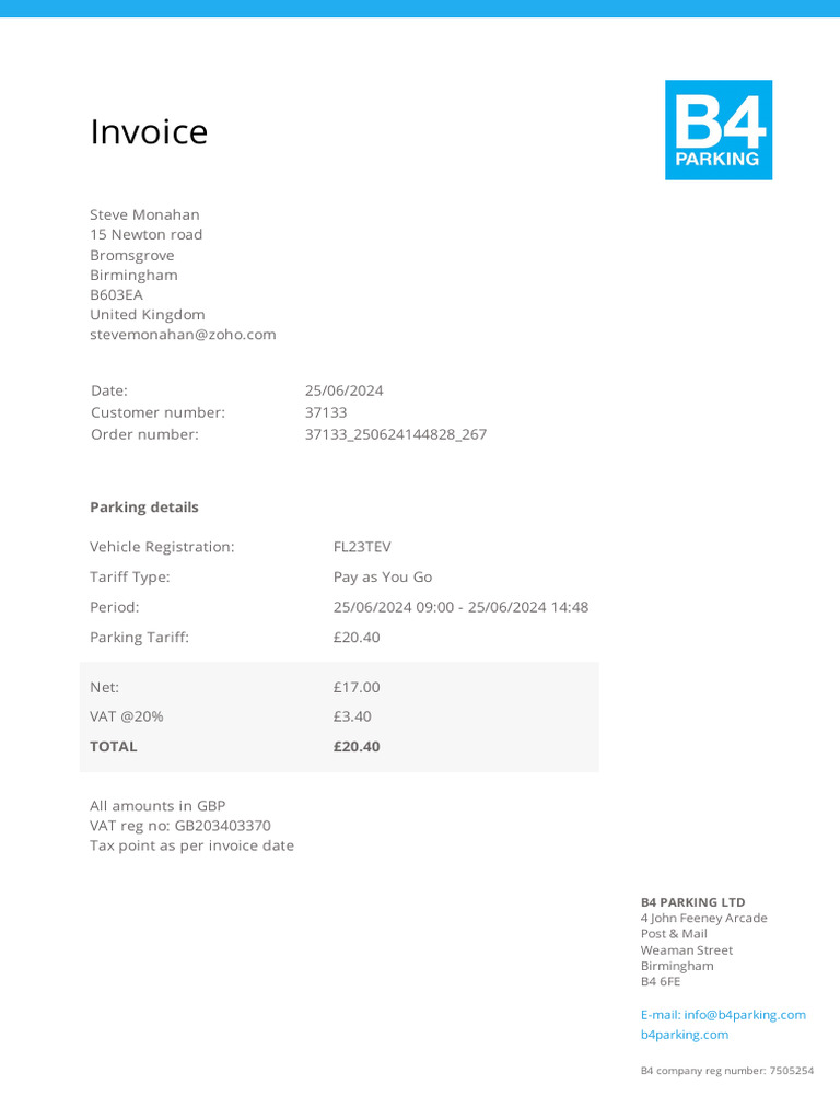 Birmingham Airport Parking Invoice | PDF