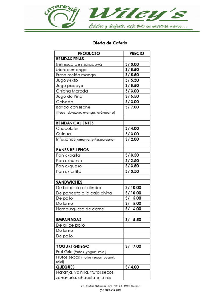 Menú y precios del Cafetín El Bosque | PDF | Alimentos | Cocina