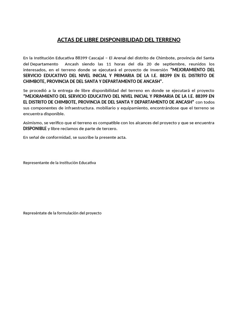 Acta de Libre Disponibilidad Del Terreno | PDF