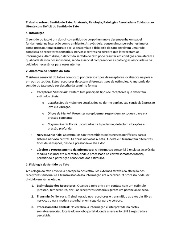 Trabalho Sobre o Sentido Do Tato | PDF | Sistema somatossensorial ...