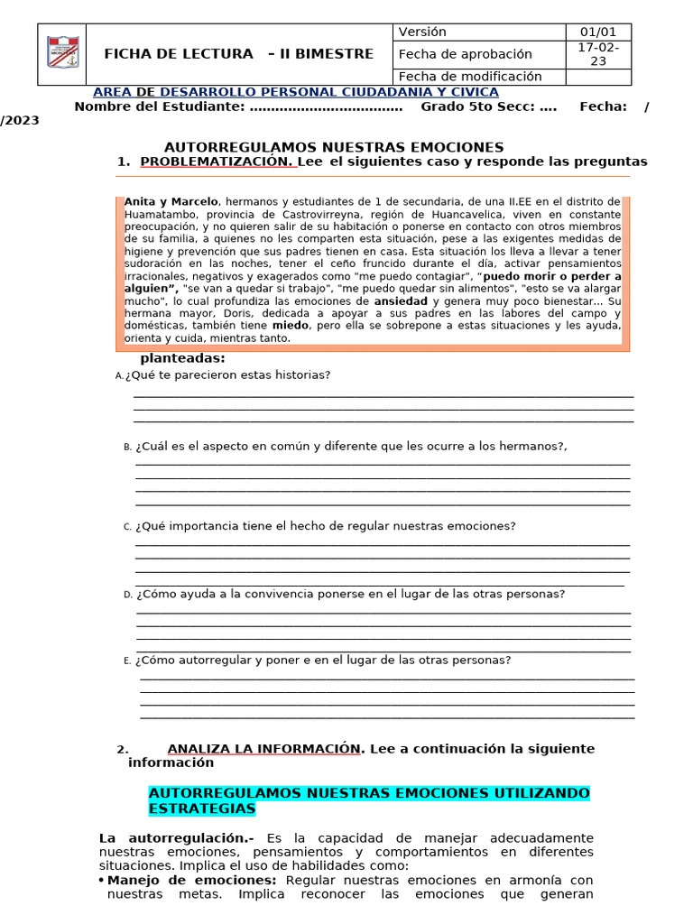 FICHA DPCC 3 N 2 | PDF | Las emociones | Autorregulación emocional