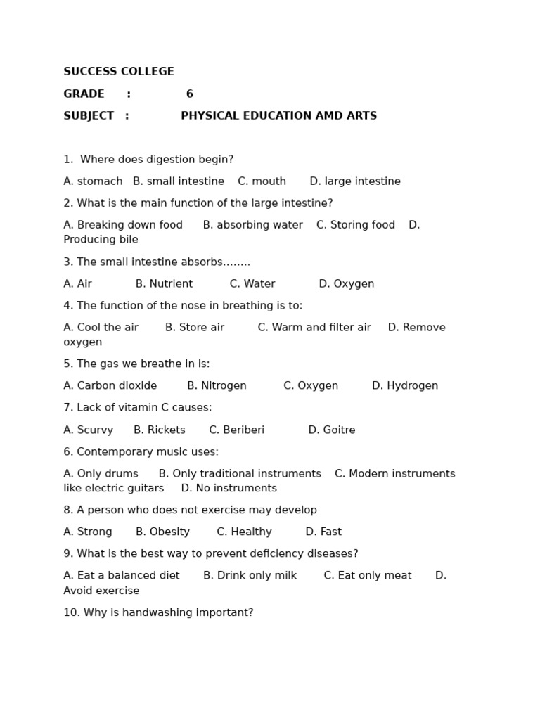 Pe and Arts Grade 6 Success College | PDF | Lung | Foods