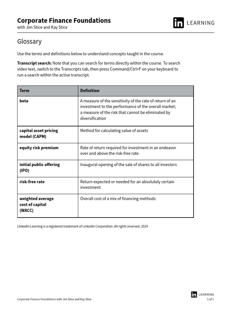 Glossary Corporate Finance Foundations | PDF