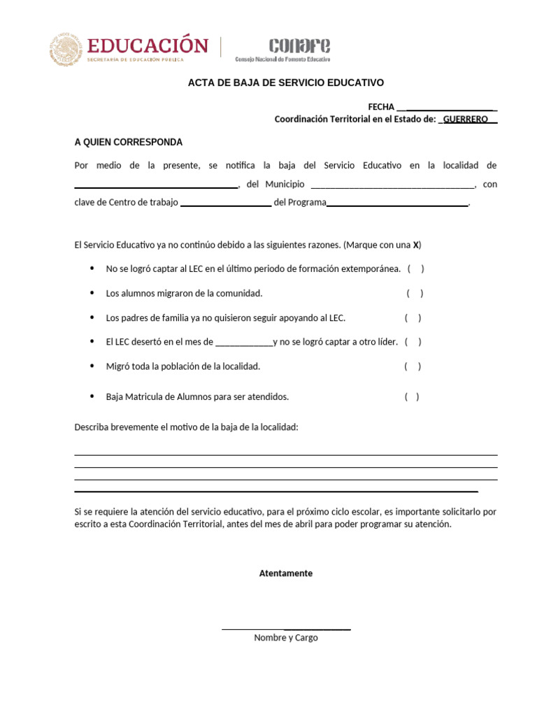 Acta de Baja Del Servicio Educativo | PDF