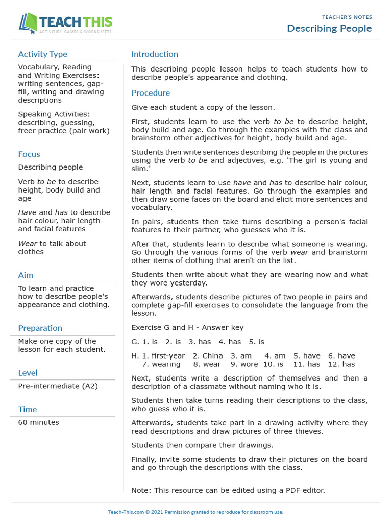 Describing People Lesson | PDF | Clothing | Fashion