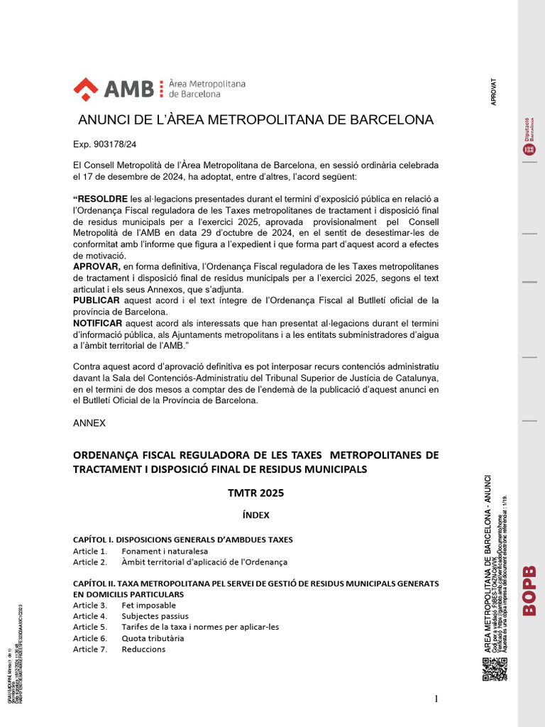 Ordenança Fiscal TMTR vigent | PDF