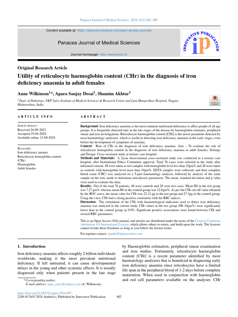 Utility of Reticulocyte Haemoglobin Content CHR in | PDF | Anemia ...
