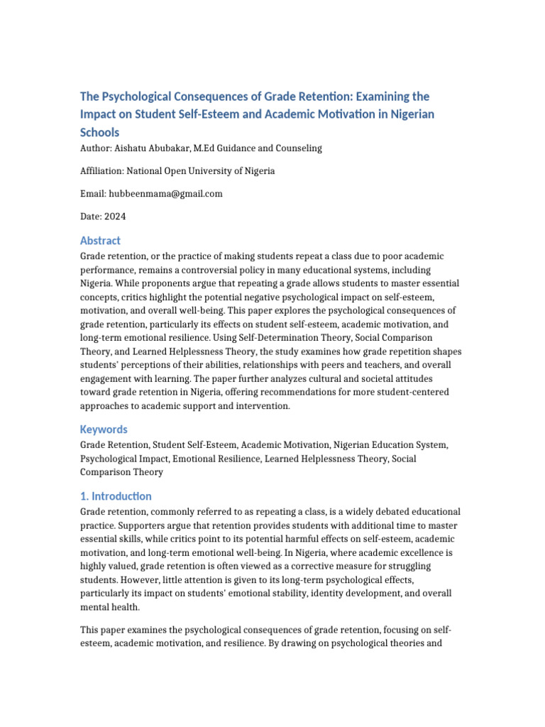 Grade Retention Psychological Impact Final | PDF | Self Esteem | Motivation