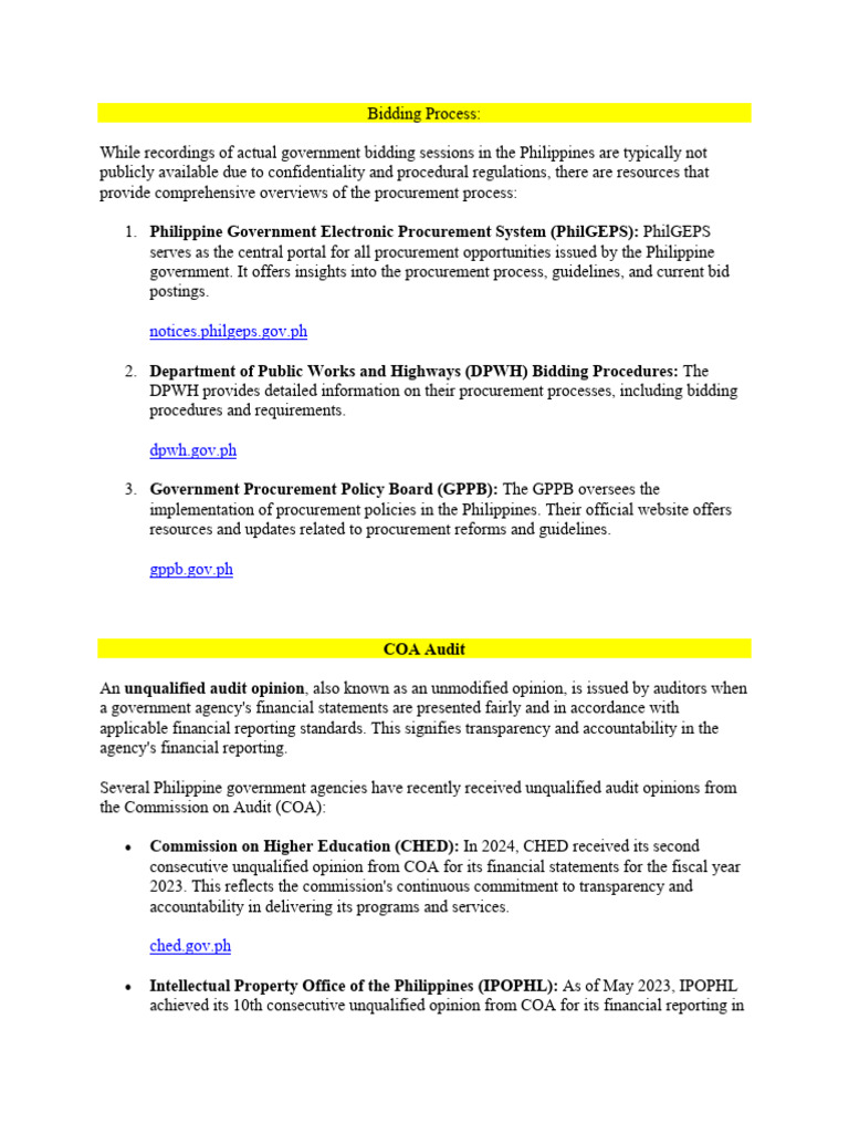 Philippine Government Bidding Insights | PDF | Audit | Auditor's Report