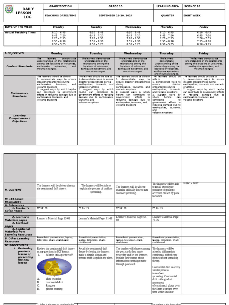 Science 10 DLL Q1 Week 8 | PDF | Plate Tectonics | Crust (Geology)