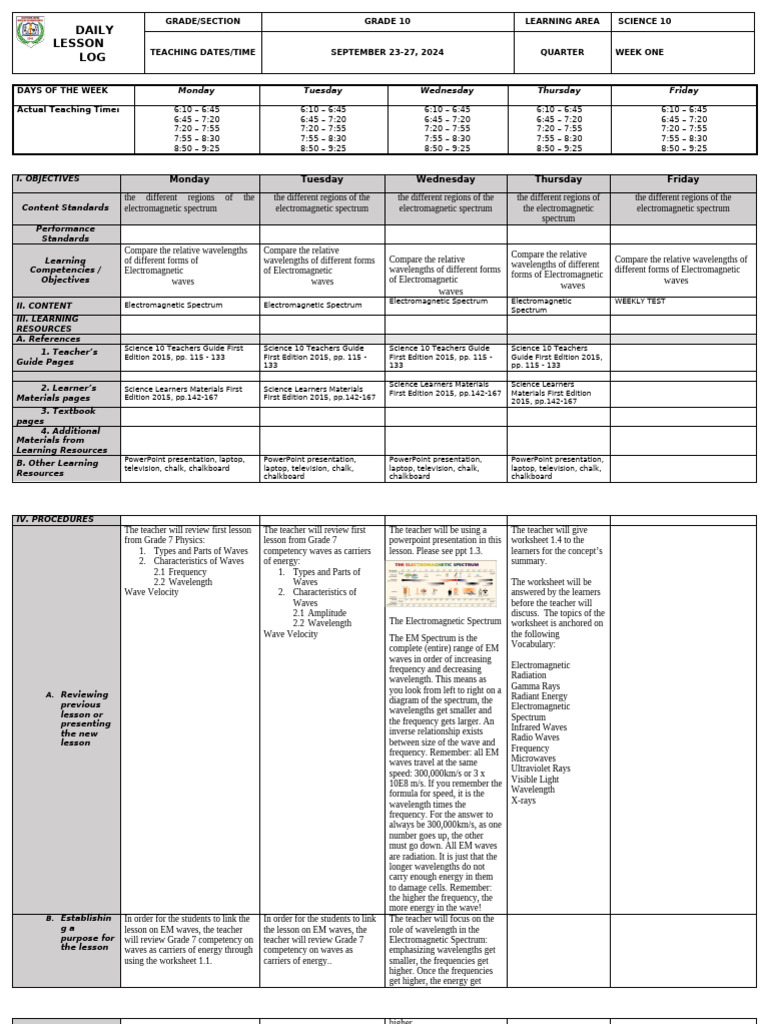 Science 10 DLL Q2 Week 1 | PDF | Electromagnetic Radiation | Waves