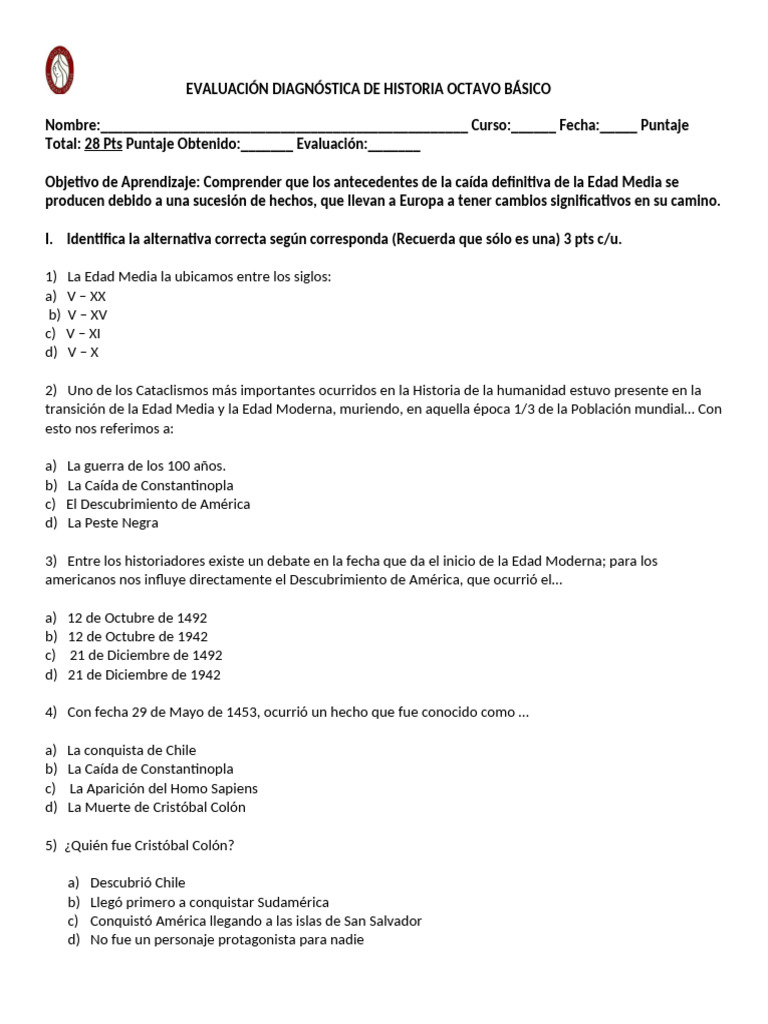 PRUEBA DIAGNOSTICO HISTORIA | PDF | Muerte negra | Peste (enfermedad)