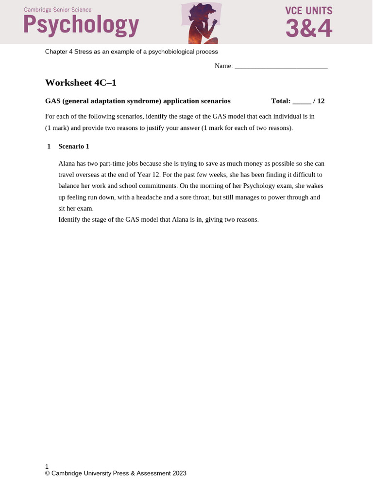 Worksheet 4C 1 GAS General Adaptation Syndrome Application Scenarios ...