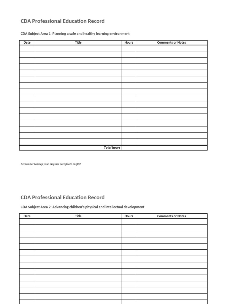 CDA Professional Education Record Template | PDF