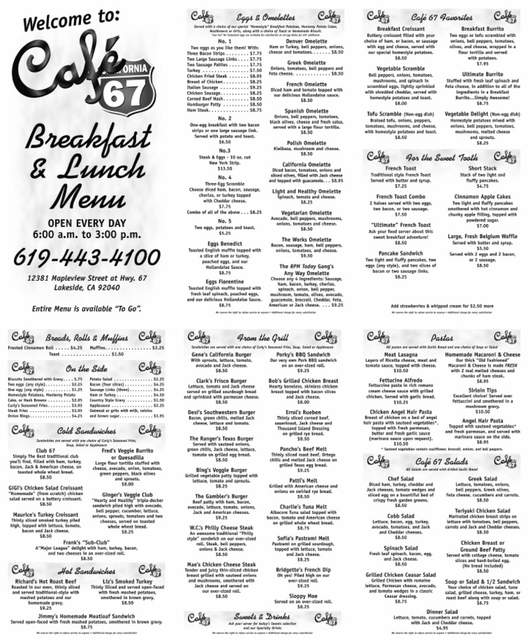 Cafe 67 Menu | PDF