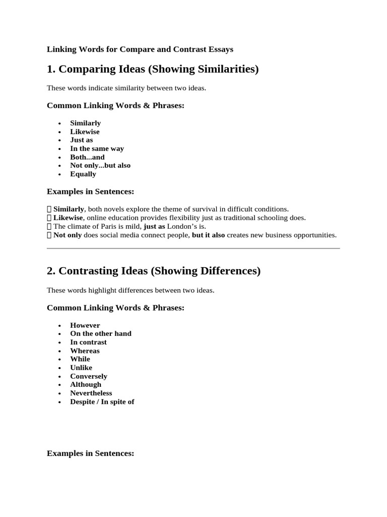 Linking Words For Compare and Contrast Essays | PDF | Learning ...