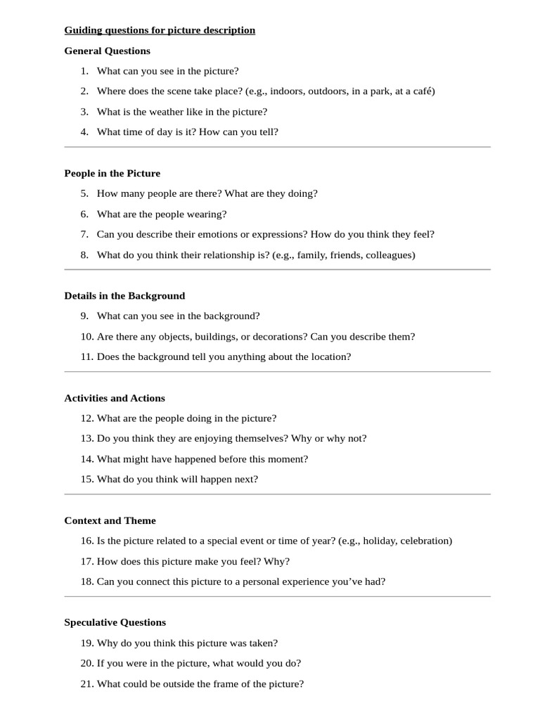 Picture Description Guiding Questions | PDF