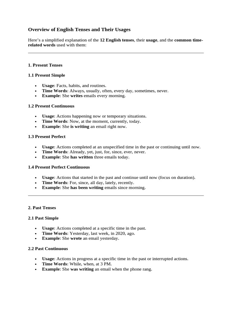 English Tenses Overview and Exercises | PDF | Grammatical Tense ...