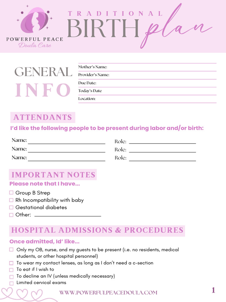 Traditional Birth Plan Template | PDF | Childbirth | Caesarean Section