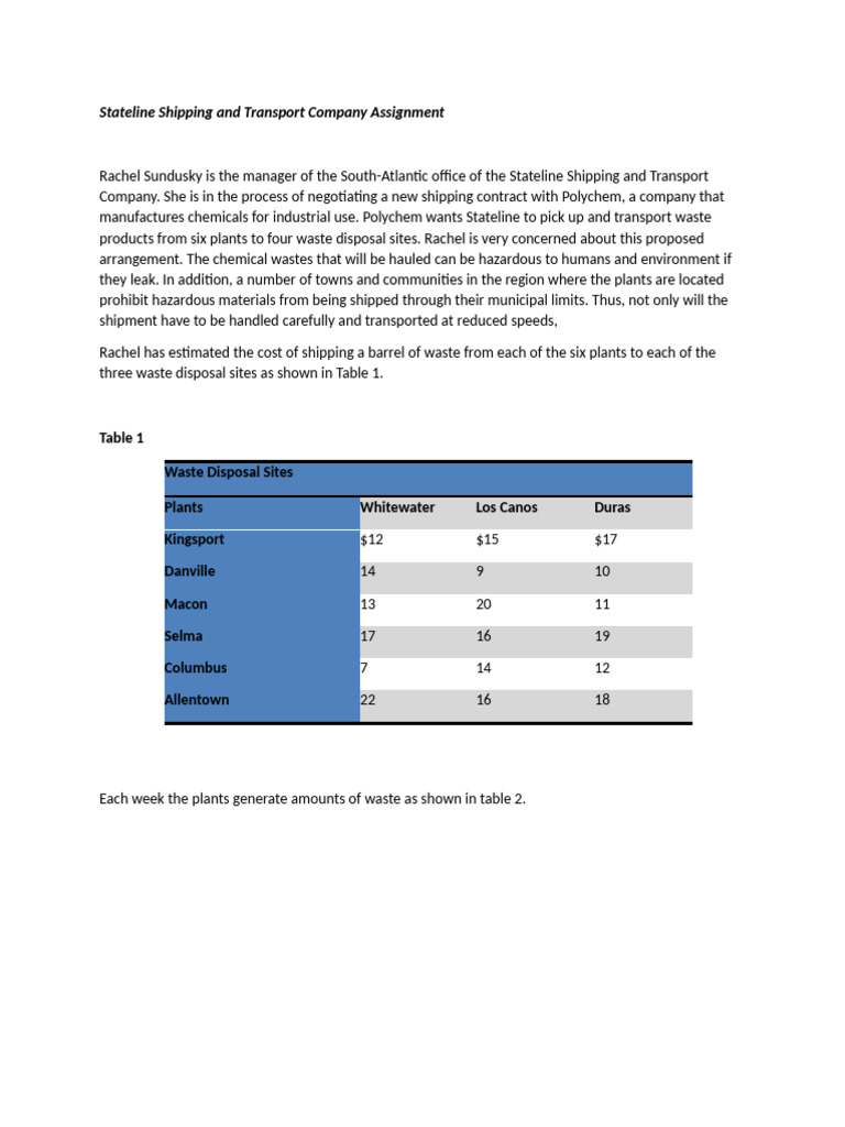 Stateline Shipping and Transport Company Assignment | PDF | Waste ...