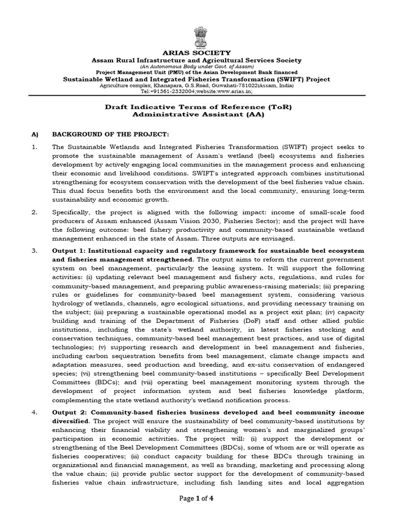 PIU Draft ToR - Administrative Assistant - PIU SWIFT | PDF | Sustainability | Wetland