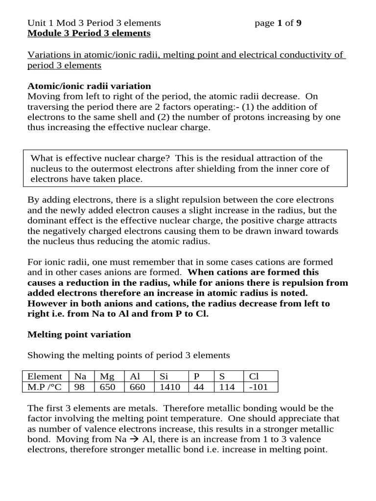 Unit 1 Mod 3 Period 3 Elements (1) (2) | PDF | Ion | Chemical Bond