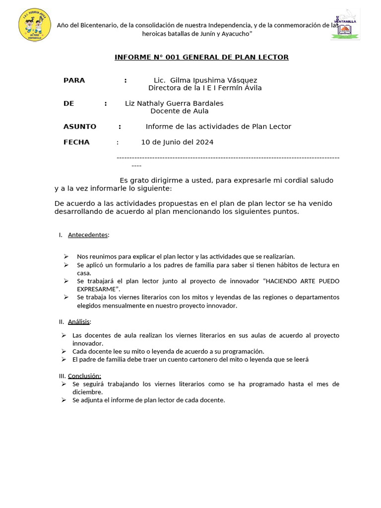 INFORME DE PLAN LECTOR GENERAL JUNIO | PDF