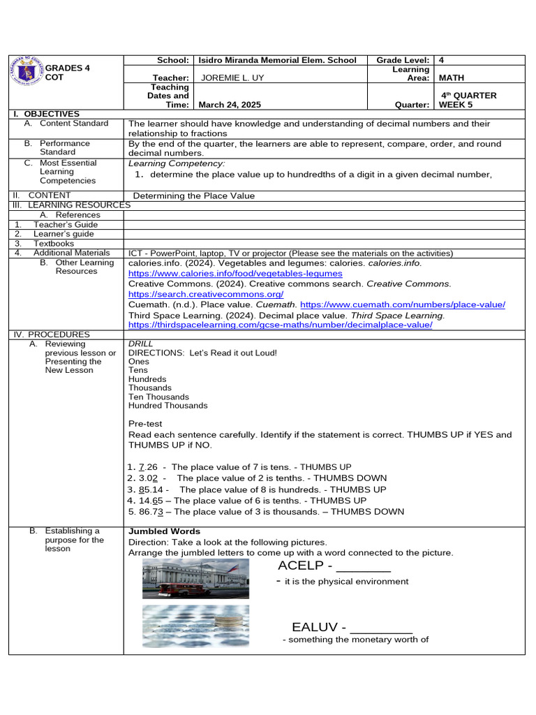 COT-Q4-DLP-MATH-4-week-5-Determining-the-Place-Value | PDF | Calorie ...