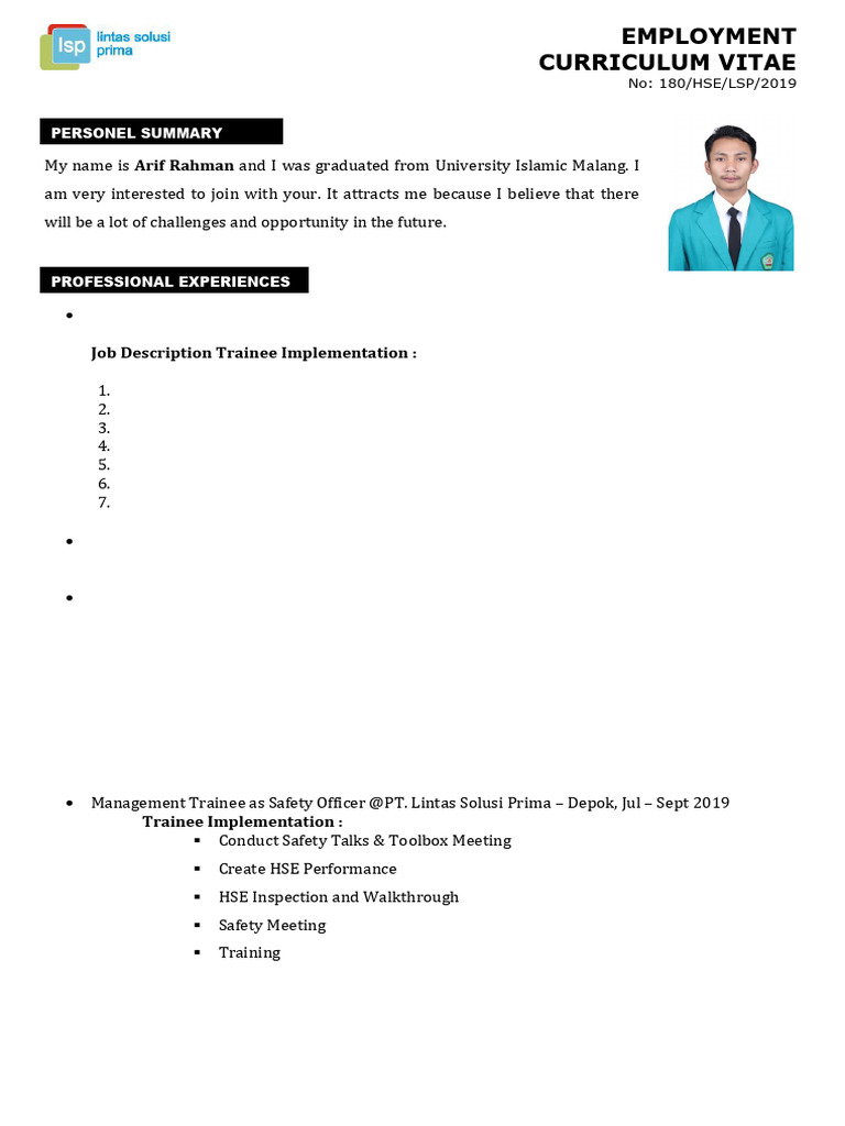 Safety Officer Curriculum Vitae | PDF | Safety | Occupational Safety ...