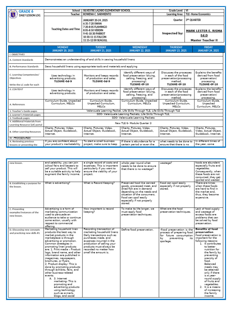 Grade 6 TLE Home Economics Lesson Plan | PDF | Food Preservation ...