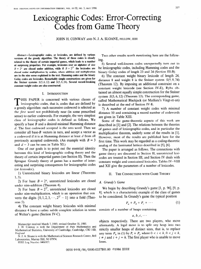 Lexicographic Codes Error Correcting Codes From Game Theory Pdf Mathematics Discrete