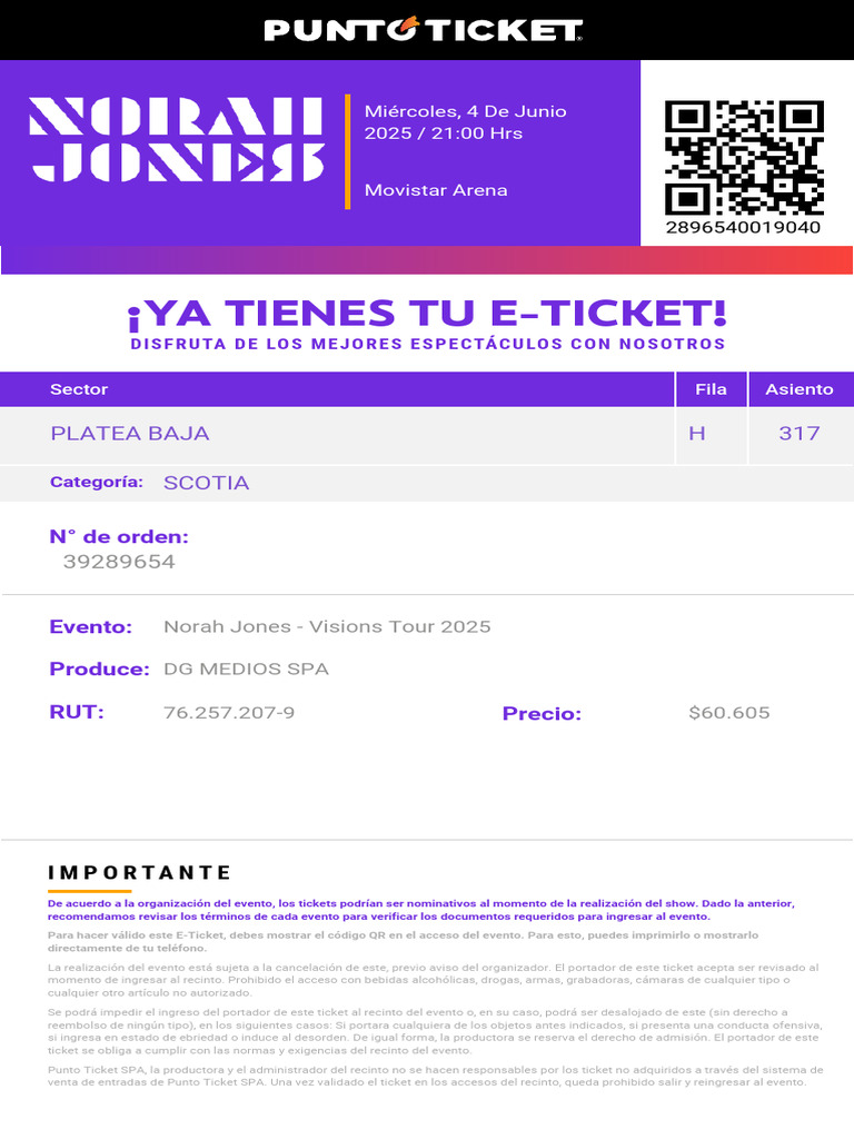 E-Ticket Norah Jones 2025: Información Clave | PDF