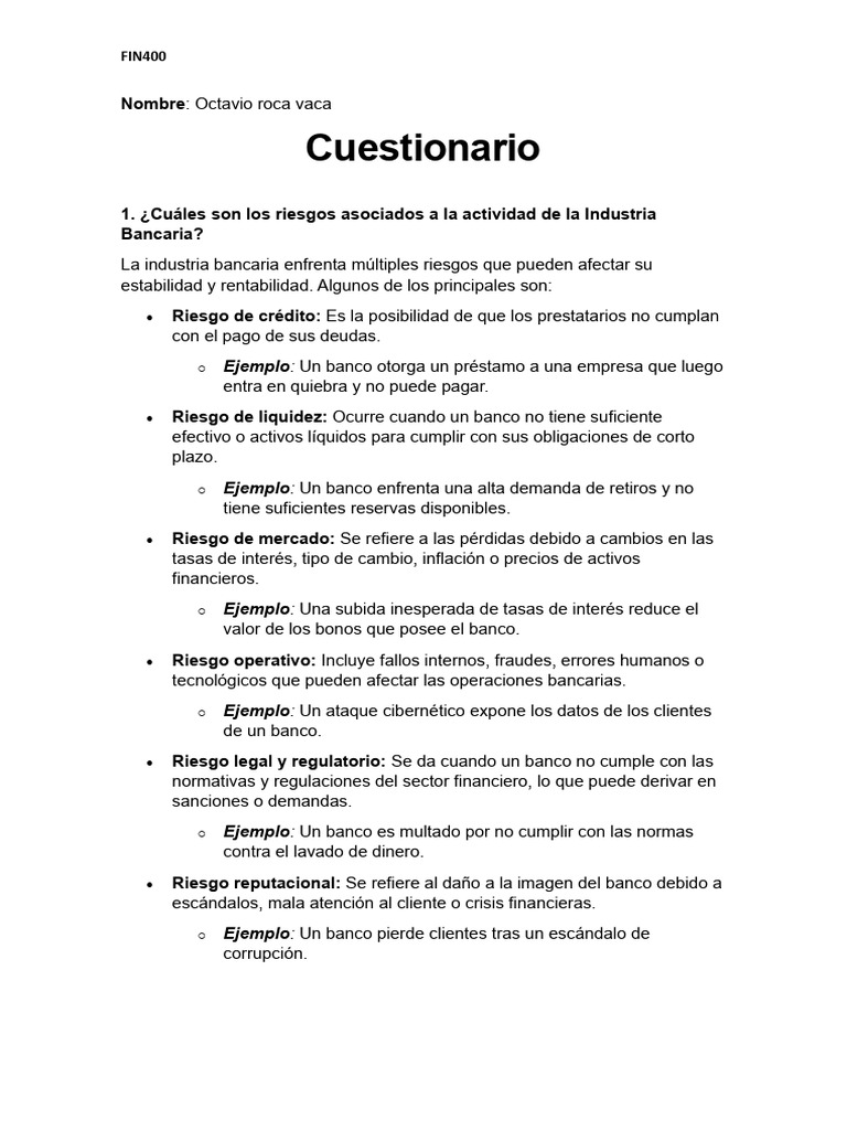 Cuestionario Sobre Riesgo y Factores Octavio Roca | PDF | Bancos | Interés