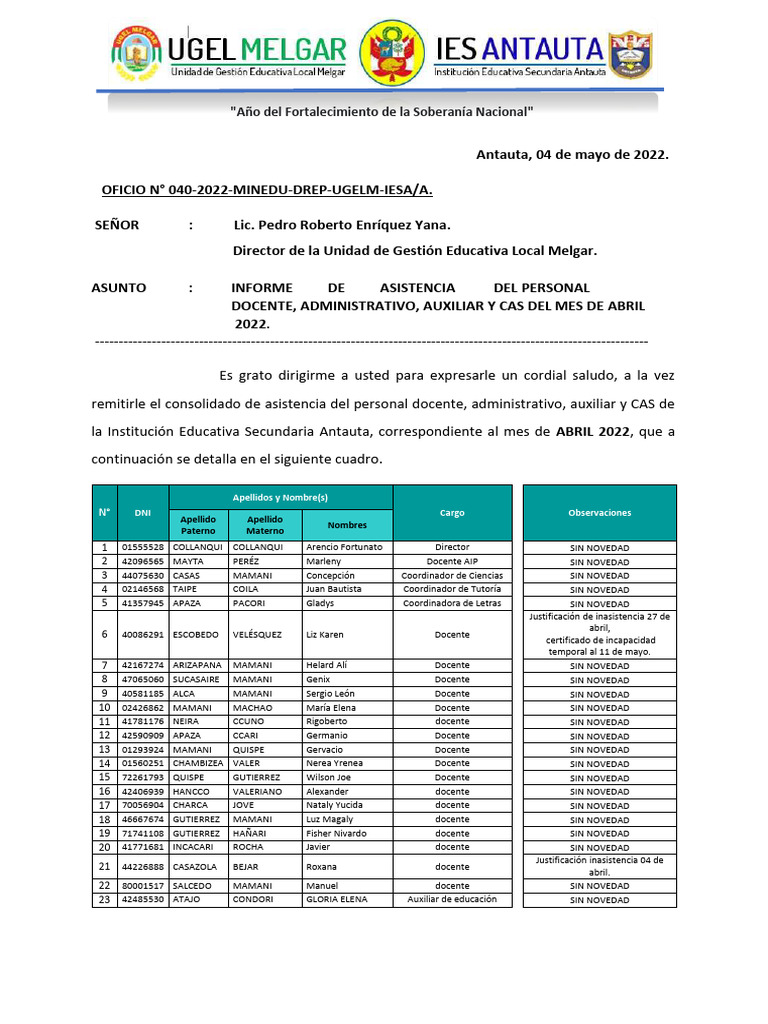 Informe Asistencia Abril Ugel | PDF