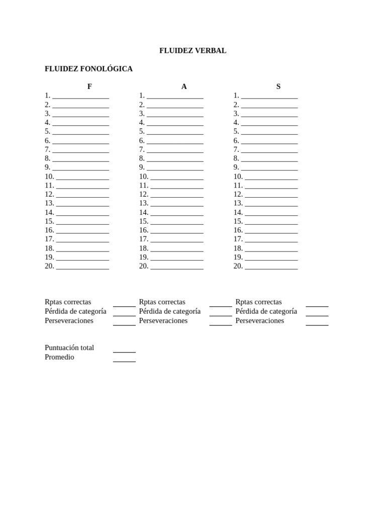 Fluidez Verbal Fluidez Fonológica F A S | PDF
