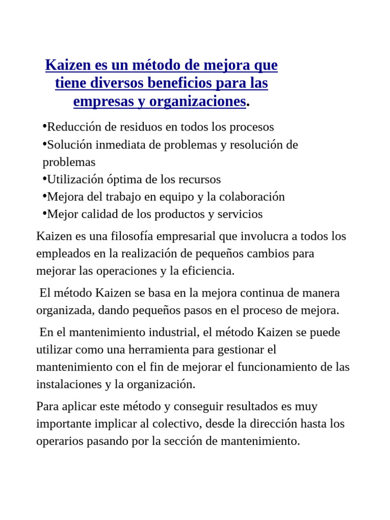 Beneficios del Método Kaizen en Empresas | PDF | Lean Manufacturing ...