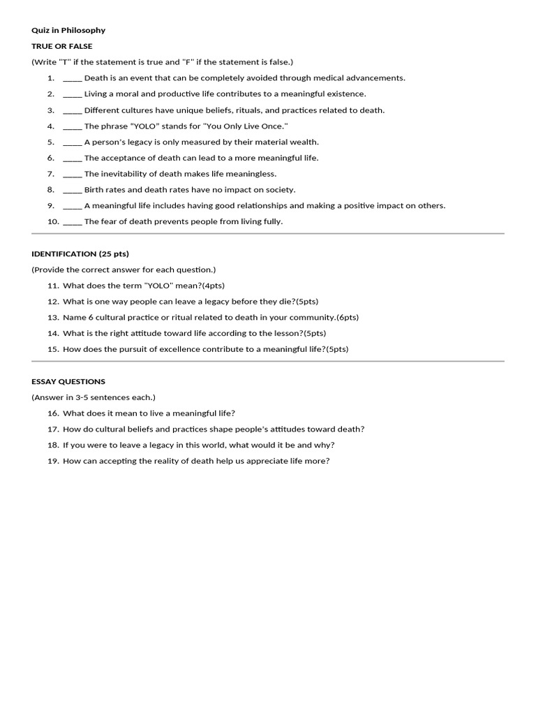Philosophy Quiz on Life and Death | PDF | Psychology | Social Psychology