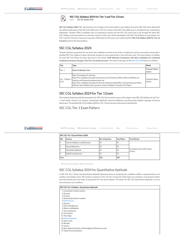 SSC CGL Syllabus 2024 For Tier 1 and Tier 2 Exam | PDF | Sampling (Statistics) | Variance