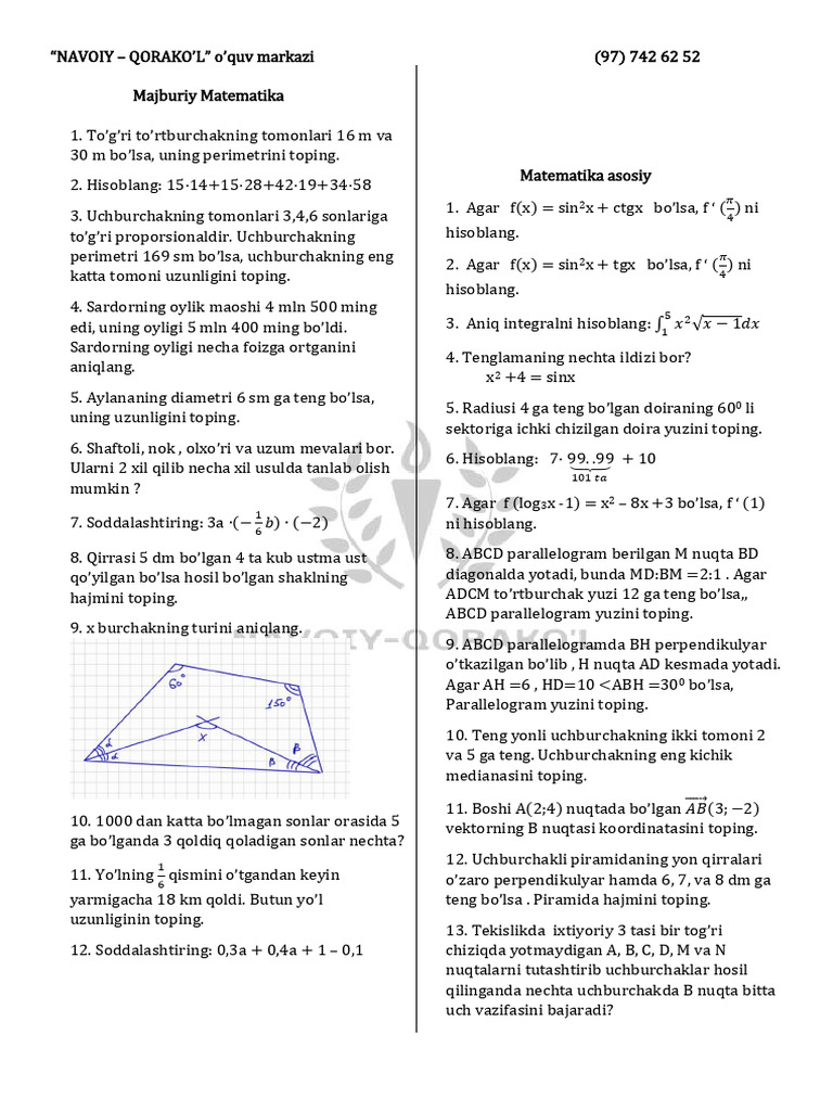2023-Savollar (64 Ta) (NAVOIY-QORAKO'L) | PDF