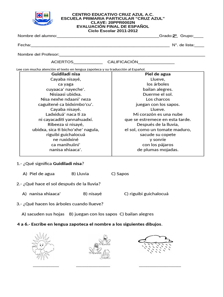 Evaluación Final Español 2º Grado | PDF | Rana | Papel