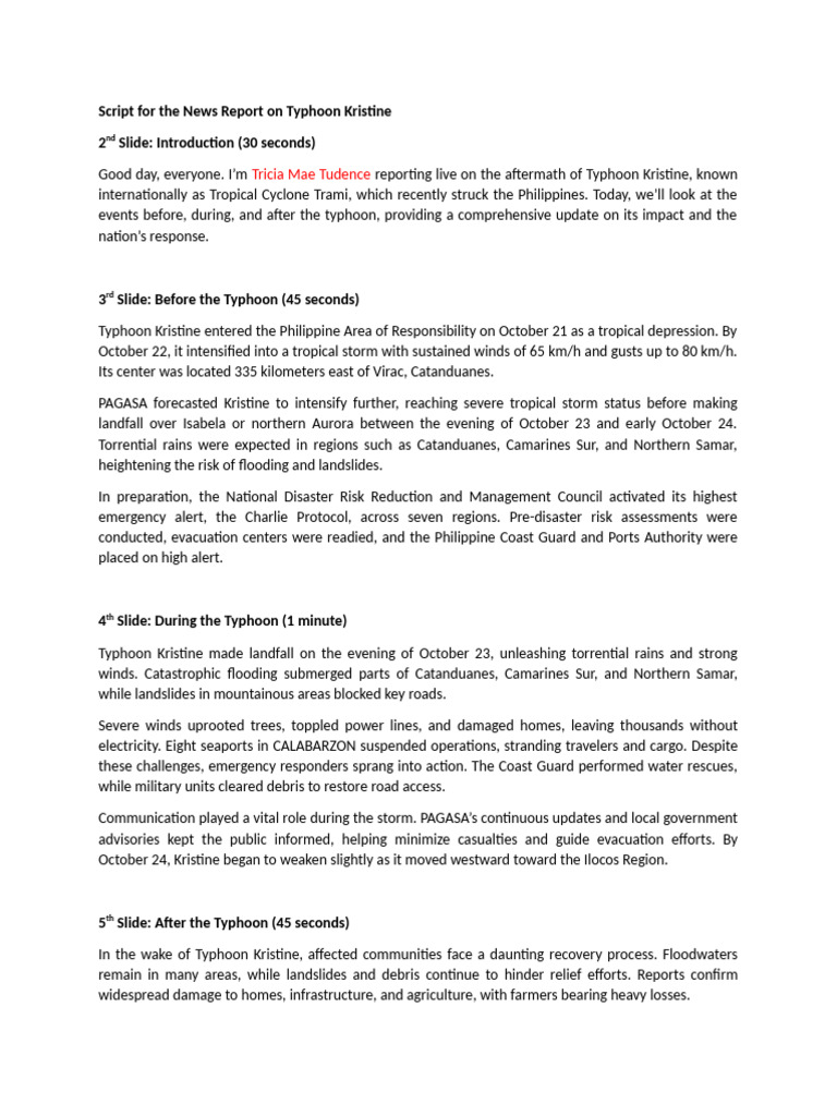 Script For The News Report On Typhoon Kristine | PDF | Tropical ...