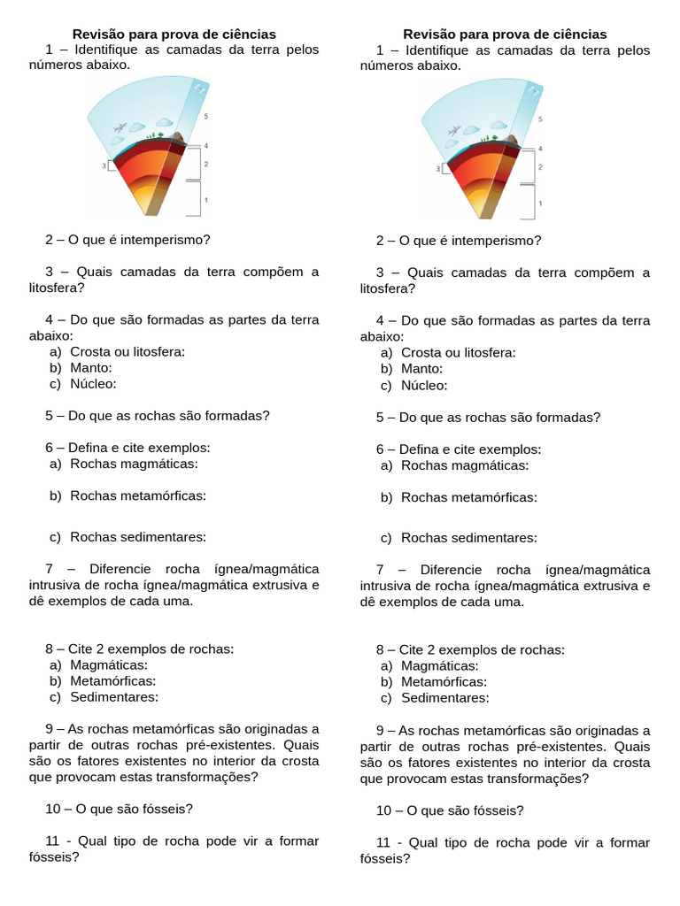 Revisão prova camadas da terra e litosfera | PDF