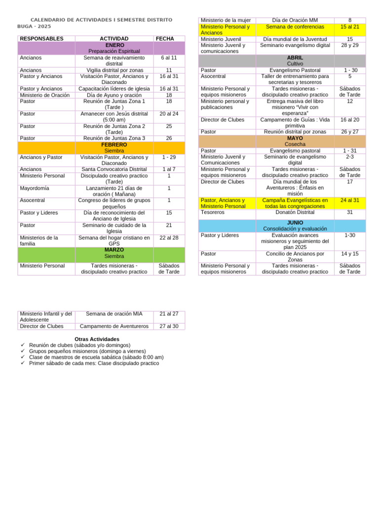 CALENDARIO I SEMESTRE 2025 DISTRITO BUGA | PDF | Pastor | Misionero