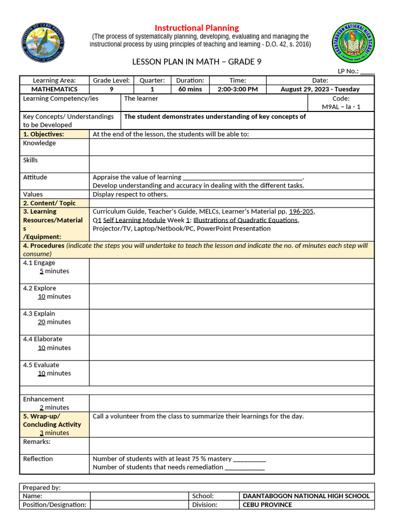 DLP-MATH-G9 Q1 W1 D1 Template2023-2024 | PDF | Learning | Lesson Plan