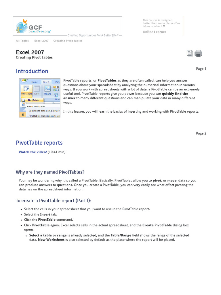 Excel 2007 - Creating Pivot Tables | PDF | Incremental Computing | Spreadsheet Software